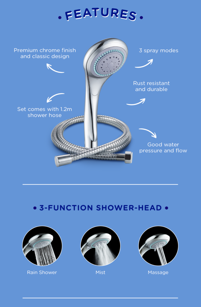 Chrome Shower Head/Set - 3 Function - Selleys