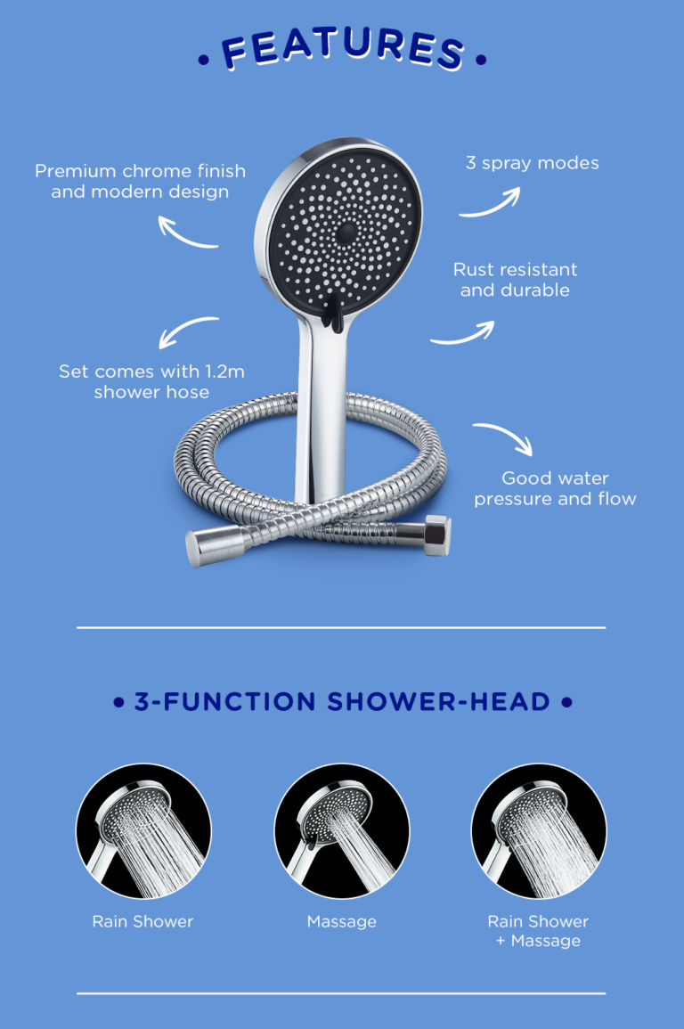 Premium Chrome Shower Head/Set - 3 Function - Selleys