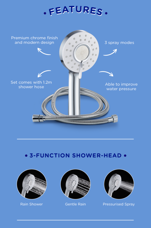 Premium Chrome Shower Head/Set - 3 Functions - Selleys