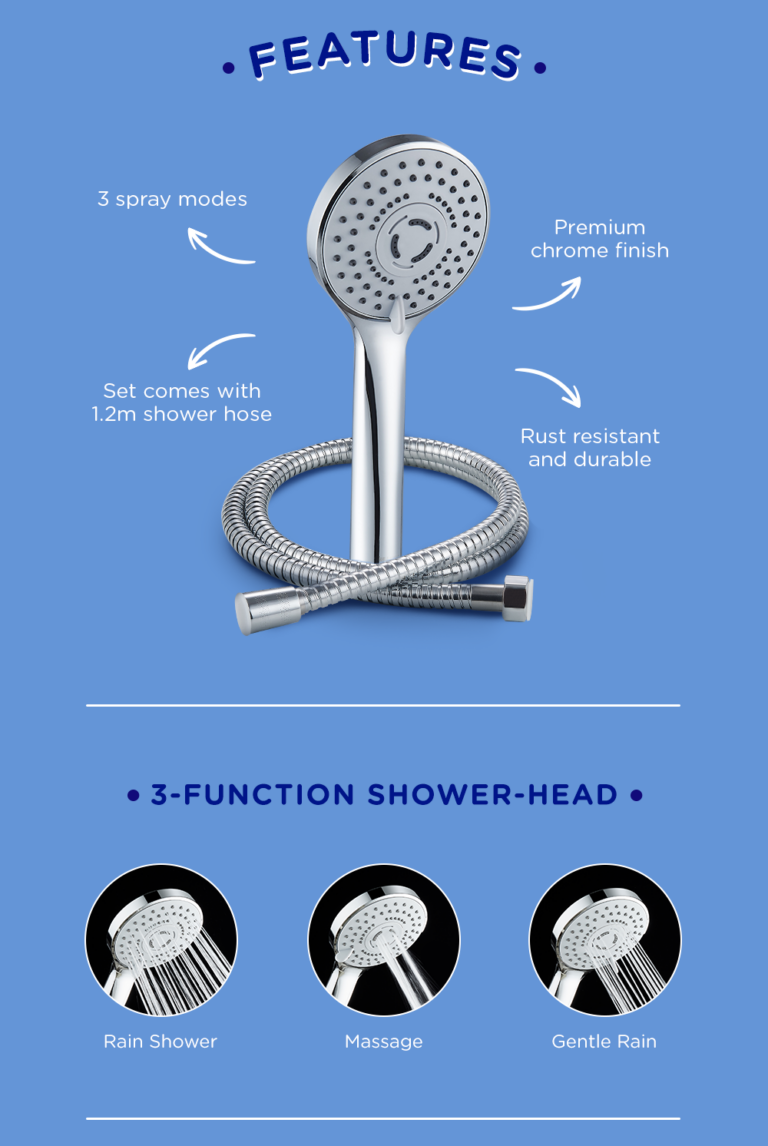 Chrome Shower Head/Set - 3 Function - Selleys